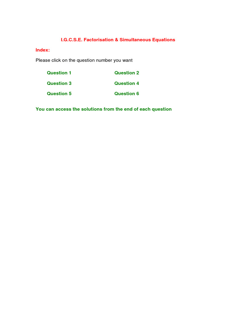 IGCSE Factorisation Simultanuous Equations | PDF | Equations | Mathematics IGCSE Factorisation Simultanuous Equations | PDF | Equations | Mathematics