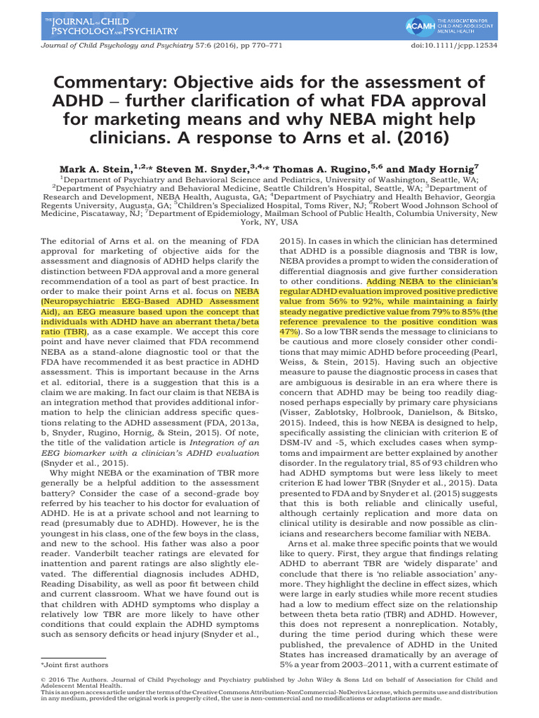 2016 Commentary Objective Aids For The Assessment of ADHD Further ...