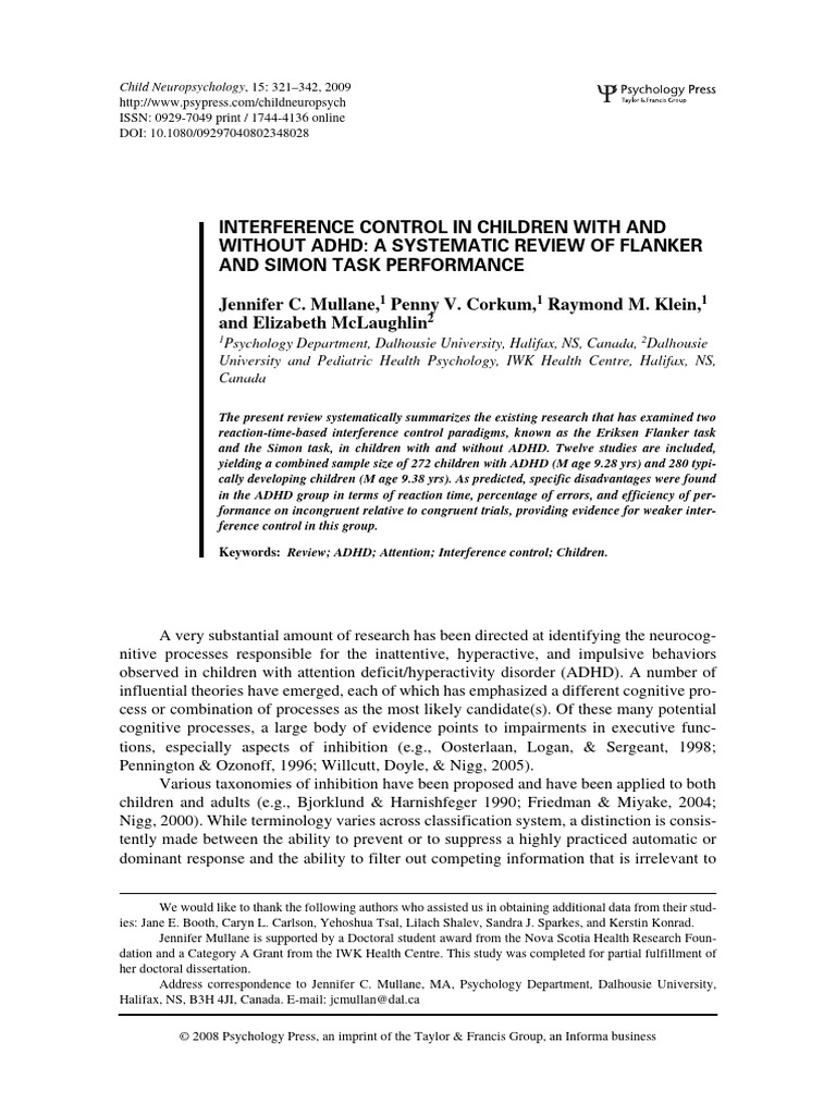Interference Control in Children With and Without Adhd - A Systematic Review of Flanker and ...