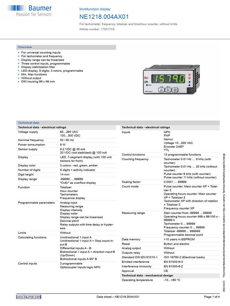 Baumer NE1218.004AX01 EN 20240403 DS | PDF | Alternating Current | Hertz