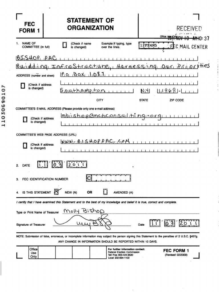 FEC Form 1 Statement of Organization: Received | PDF | Political Action ...