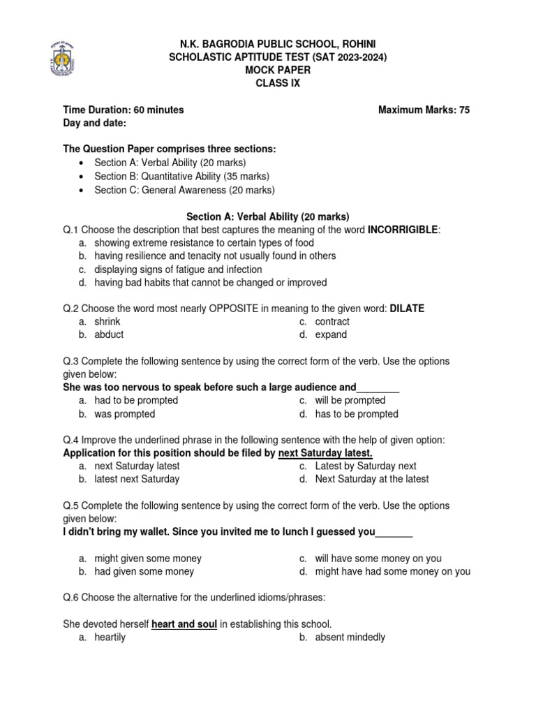 Class IX SAT Mock Paper 2023-24 | PDF | Cartesian Coordinate System | Sat
