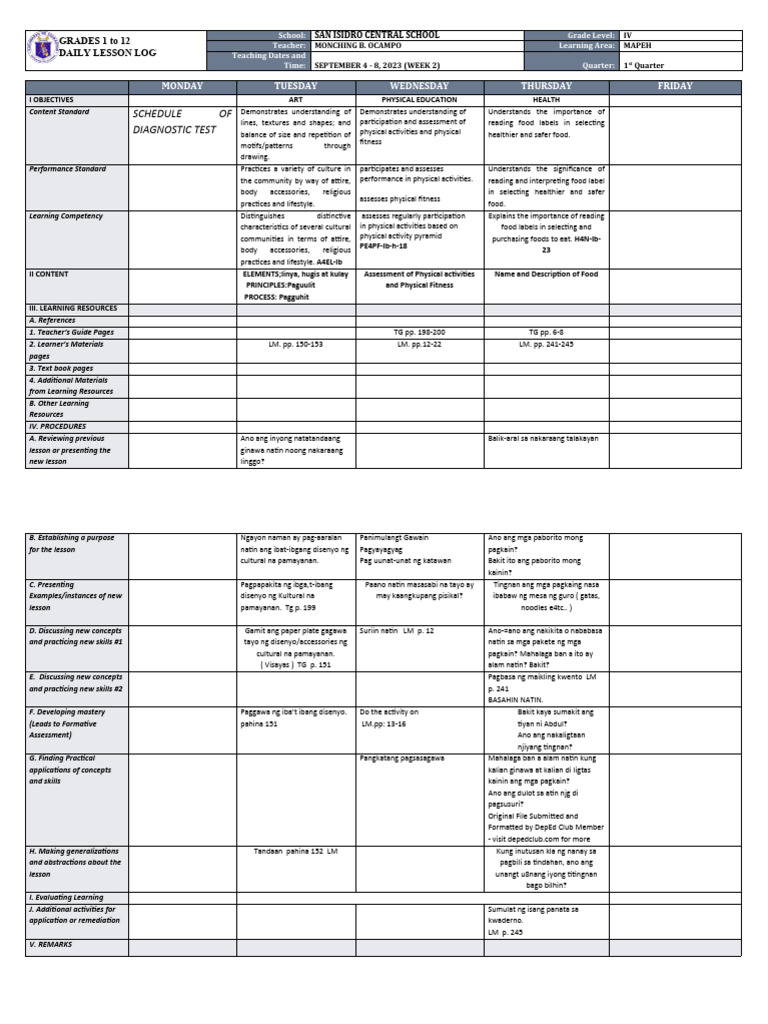 DLL - Mapeh 4 - Q1 - W2 | PDF | Learning | Behavior Modification