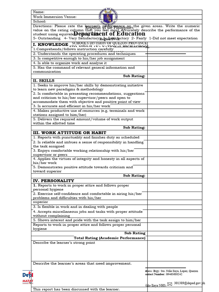Work Immersion Evaluation | PDF | Cognition | Learning