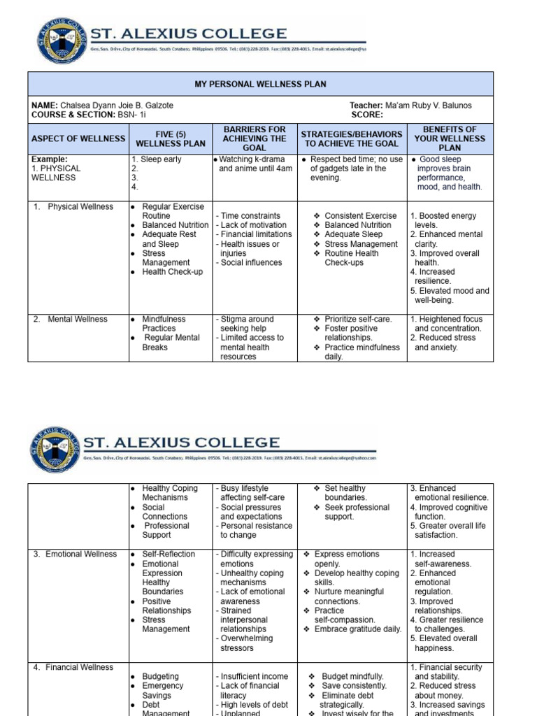 My Personal Wellness Plan | PDF | Mental Health | Psychological Resilience