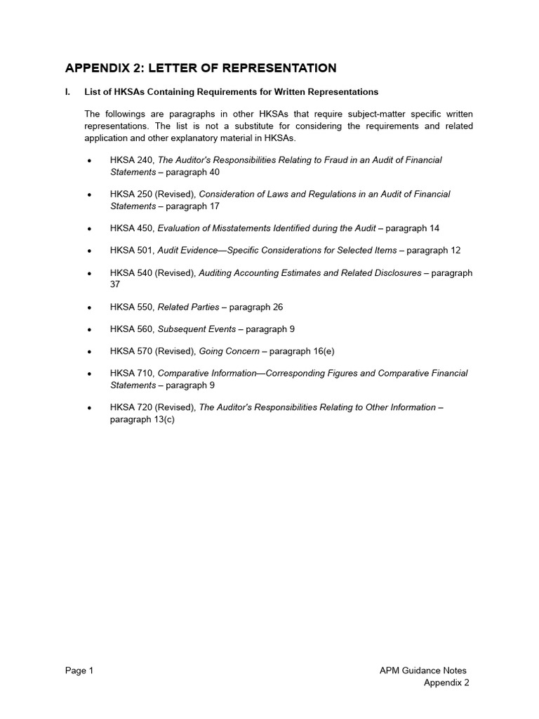 Appendix 2 - Letter of Representation | PDF | Audit | Financial Statement