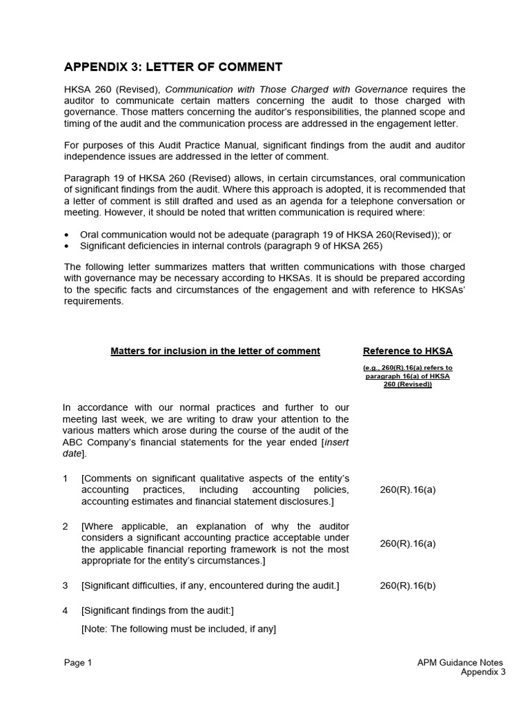 Appendix 3 - Letter of Comment | PDF | Financial Audit | Audit