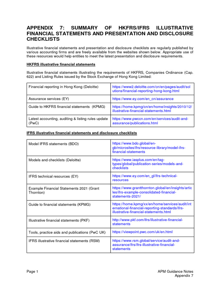 Appendix 7 - Summary of HKFRS IFRS Illustrative Financial Statements and Disclosure Checklists ...