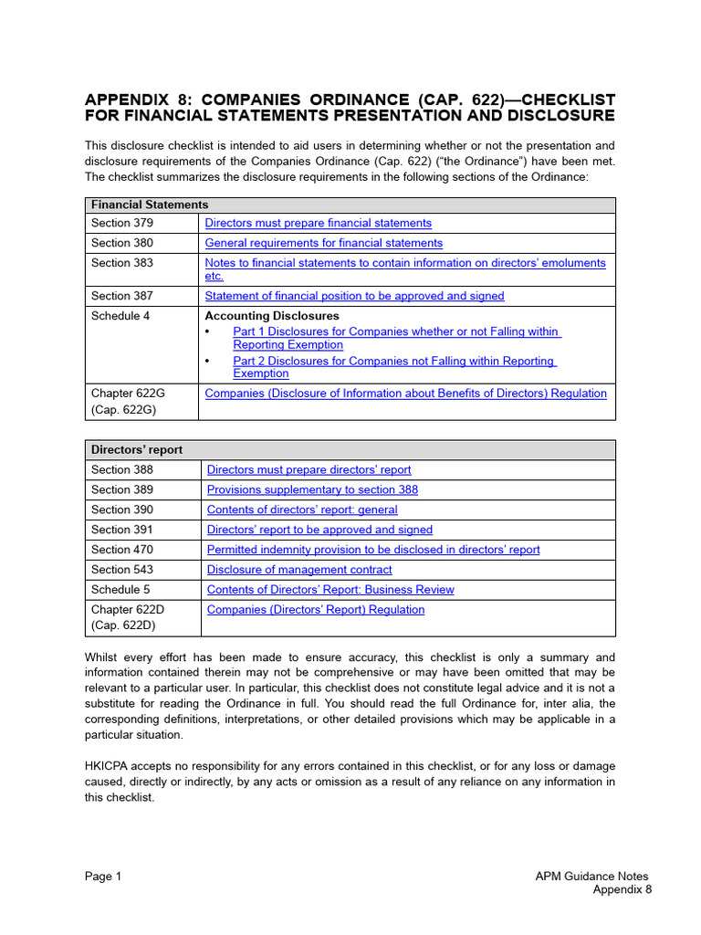 Appendix 8 - Companies Ordinance (Cap. 622) Disclosure Checklist | PDF ...