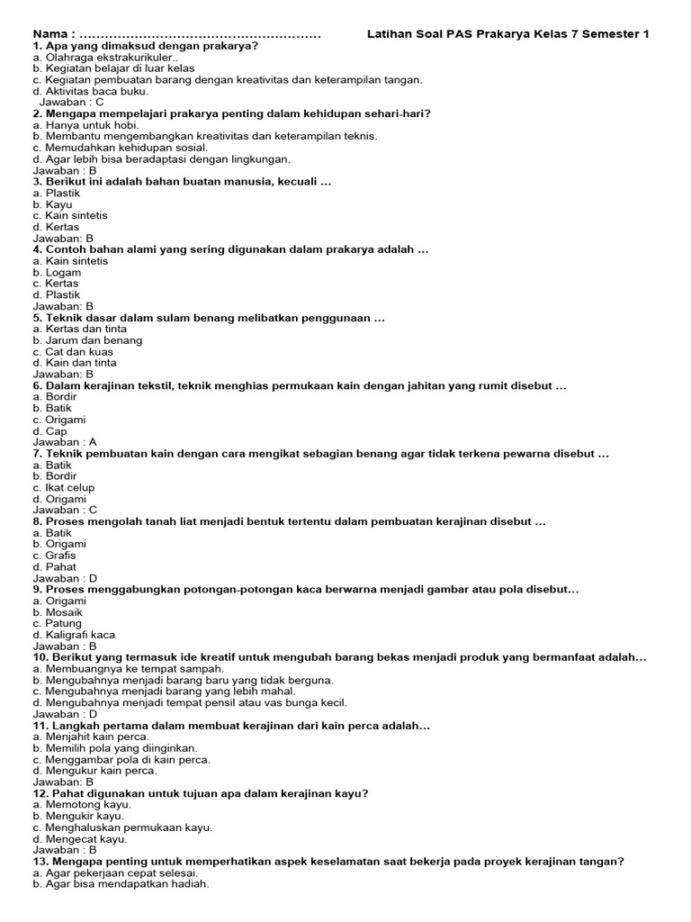 Latihan Soal PAS Prakarya Kelas 7 Semester 1 | PDF