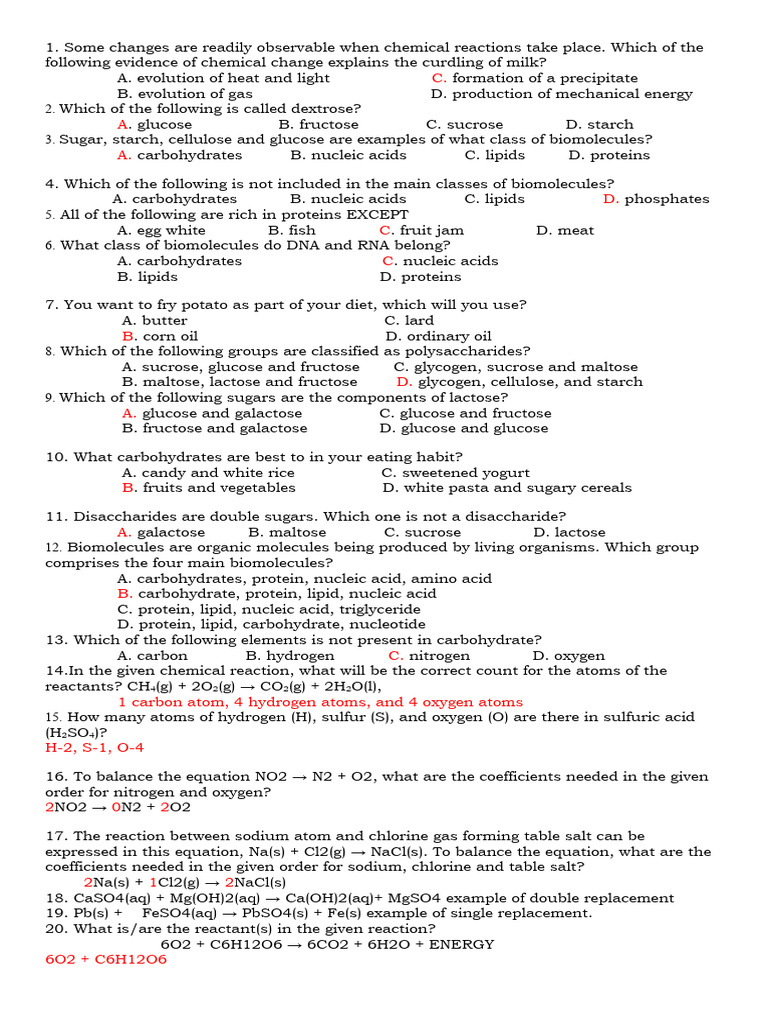 Chemical Reactions and Biomolecules Quiz | PDF | Glucose | Carbohydrates