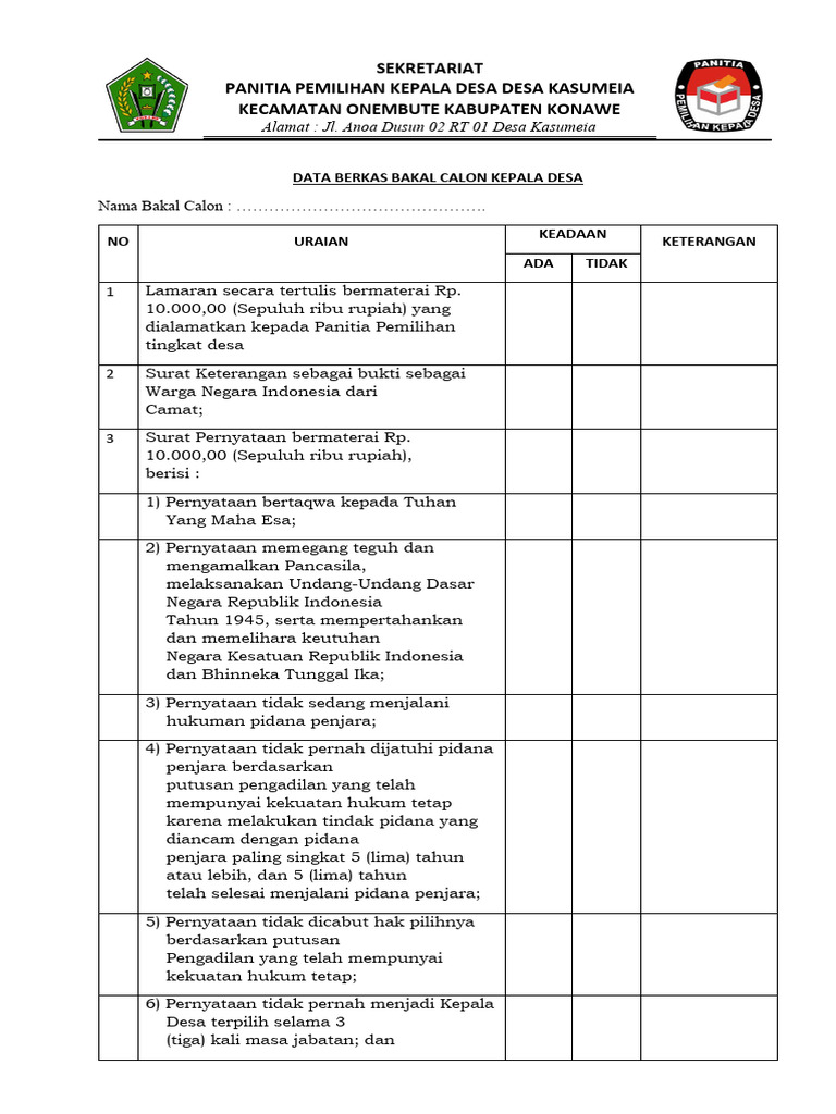 Persyaratan Calon Kepala Desa Kasumeia | PDF