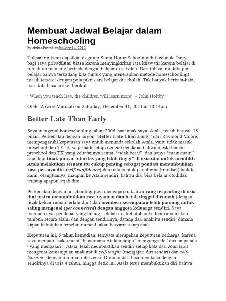 Membuat Jadwal Belajar Dalam Homeschooling | PDF