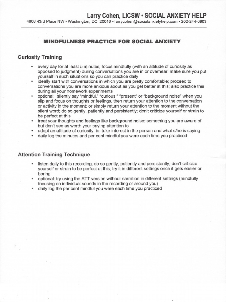 Overcoming Social Anxiety - Larry Cohen Handouts | PDF