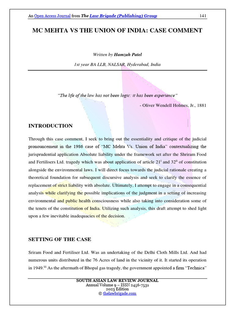 MC MEHTA VS UOI Absolute Liability | PDF | Damages | Legal Liability