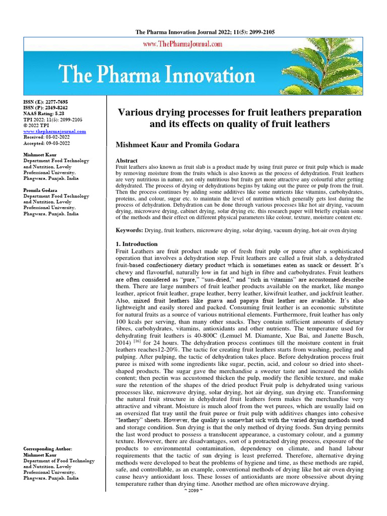 Various Drying Processes For Fruit Leathers Preparation and Its Effects On Quality of Fruit ...