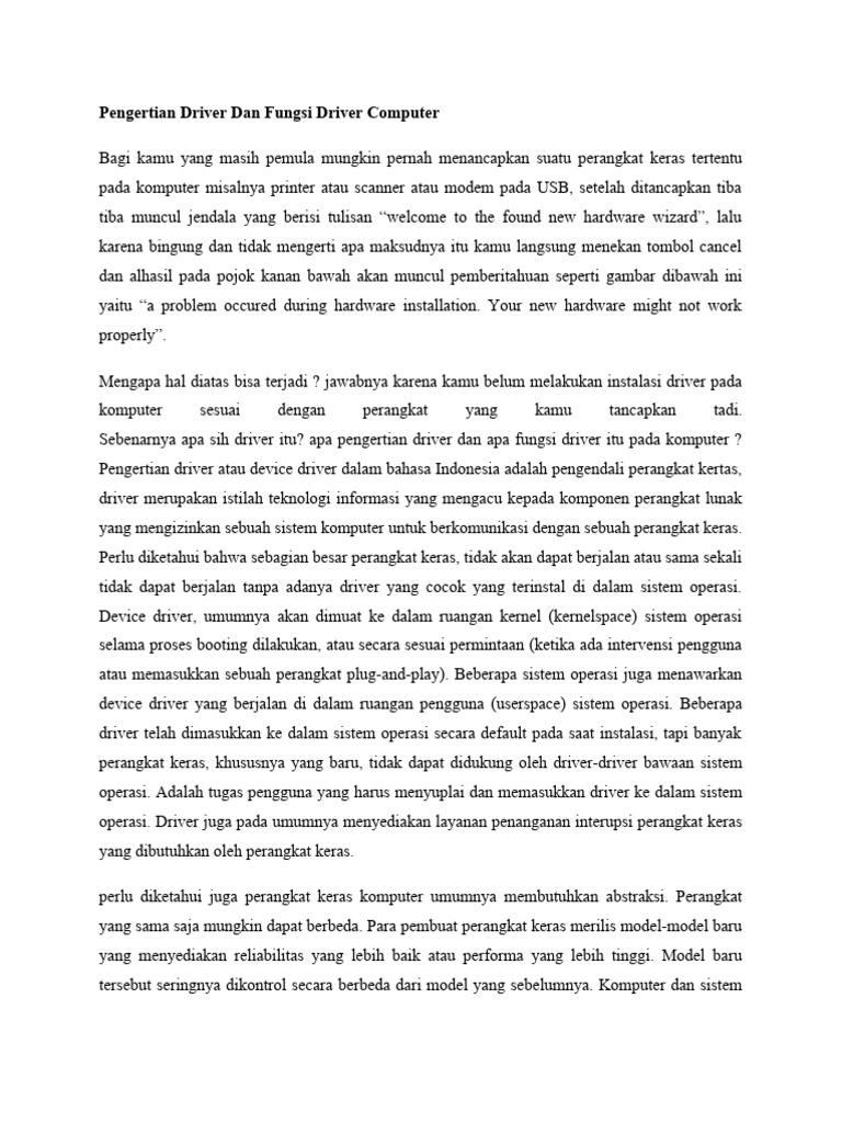 Pengertian Driver Dan Fungsi Driver Computer | PDF