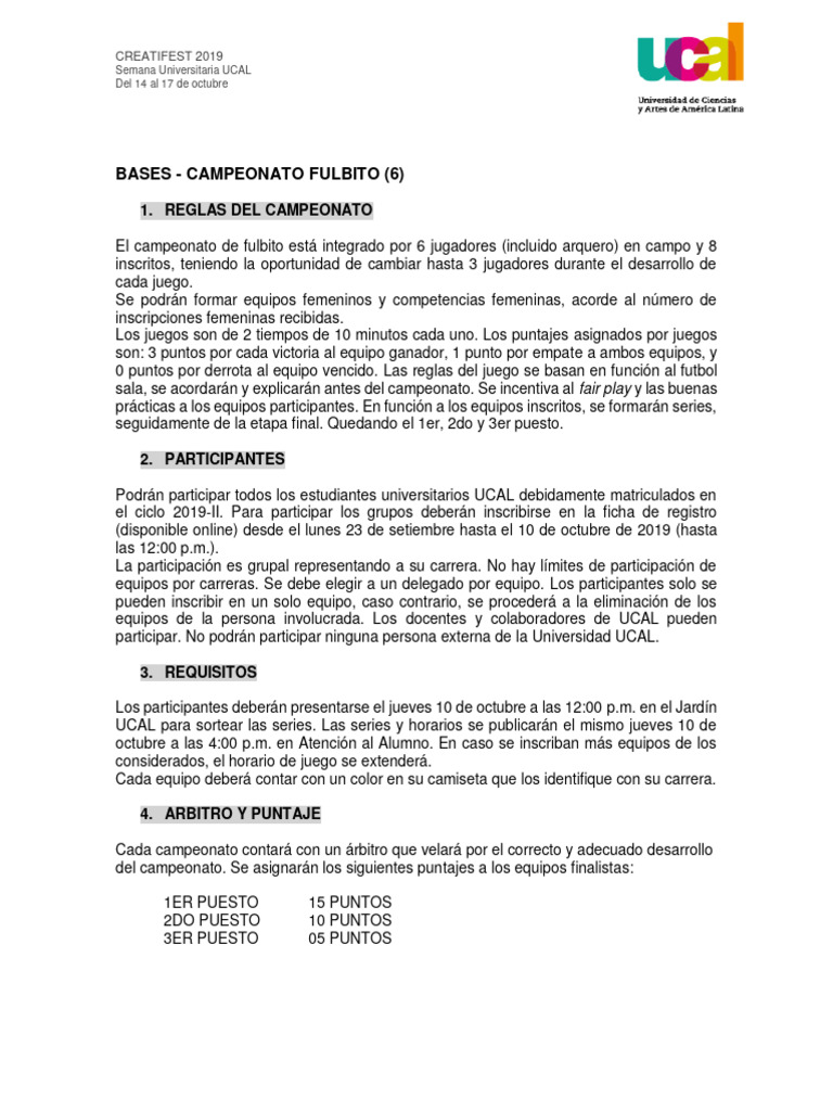Creatifest 2019 - Bases Campeonato Fulbito. Ok | PDF