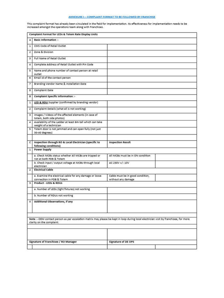 Totem & RVI Complaint Logging Checklist | PDF