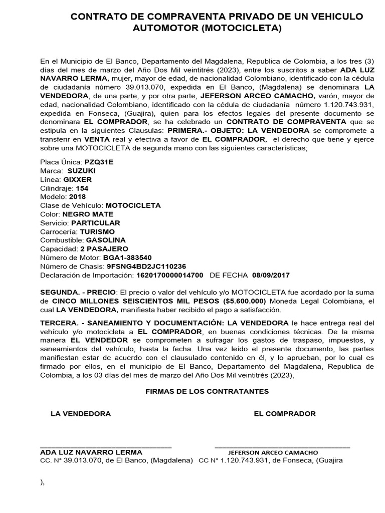 CONTRATO DE COMPRAVENTA Moto JOSE RICARDO URIBE GONZALEZ MARCA SUZUKI ...