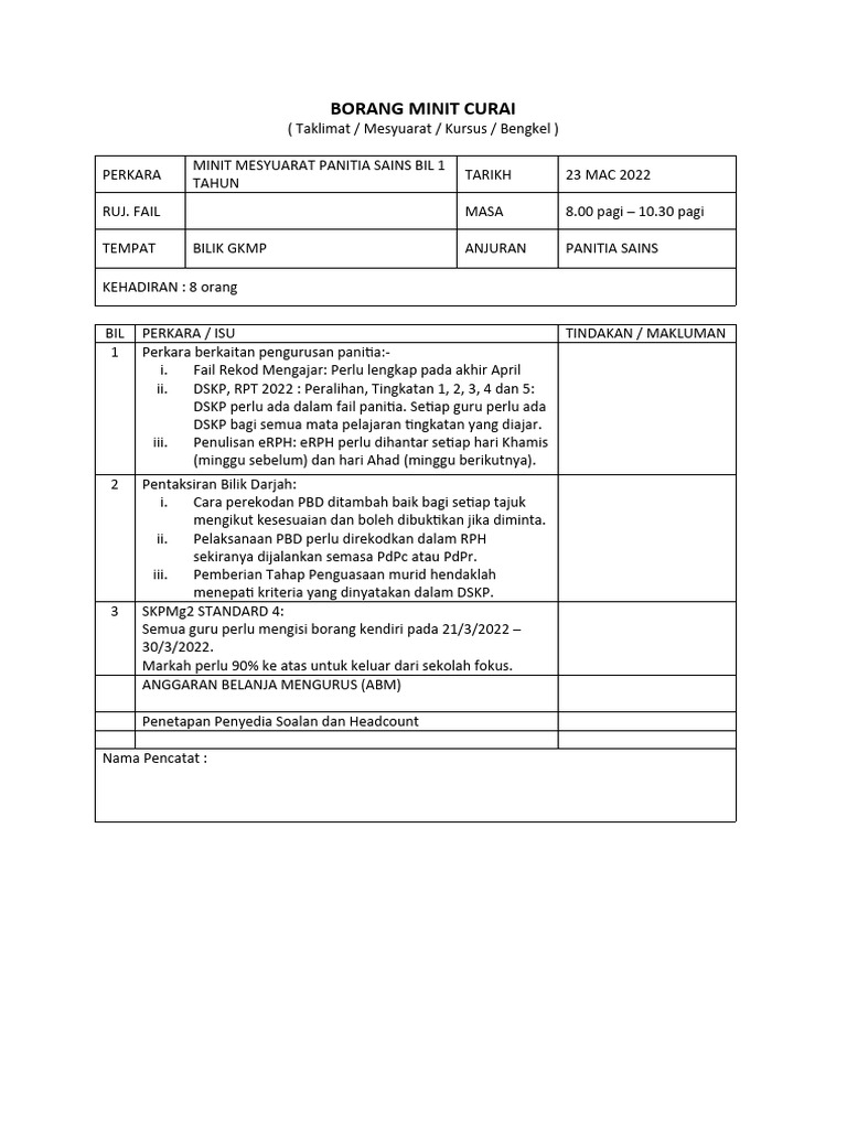 Borang Minit Curai 1 | PDF