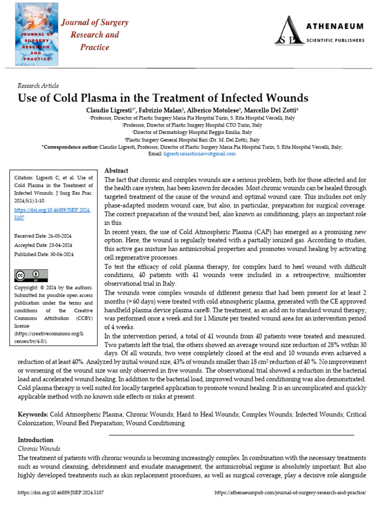 Use of Cold Plasma in The Treatment of Infected Wound | PDF | Wound ...