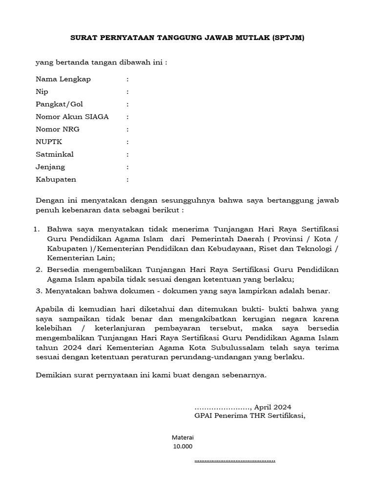 Contoh Surat SPTJM THR Sertifikasi 2024 | PDF | Hukum
