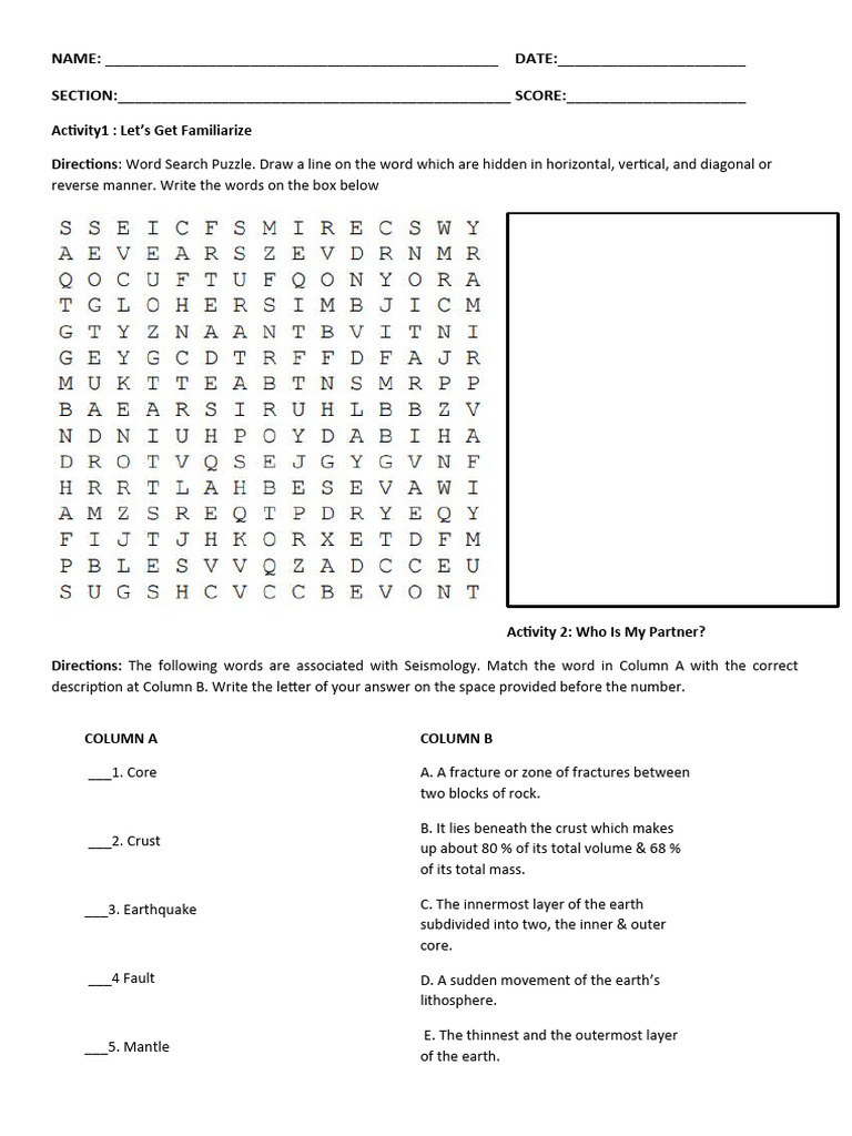 Seismology Word Search and Matching Activity | PDF