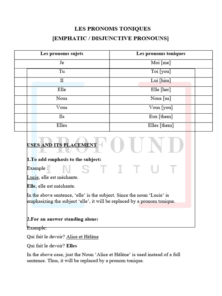 Les Pronoms Toniques | PDF