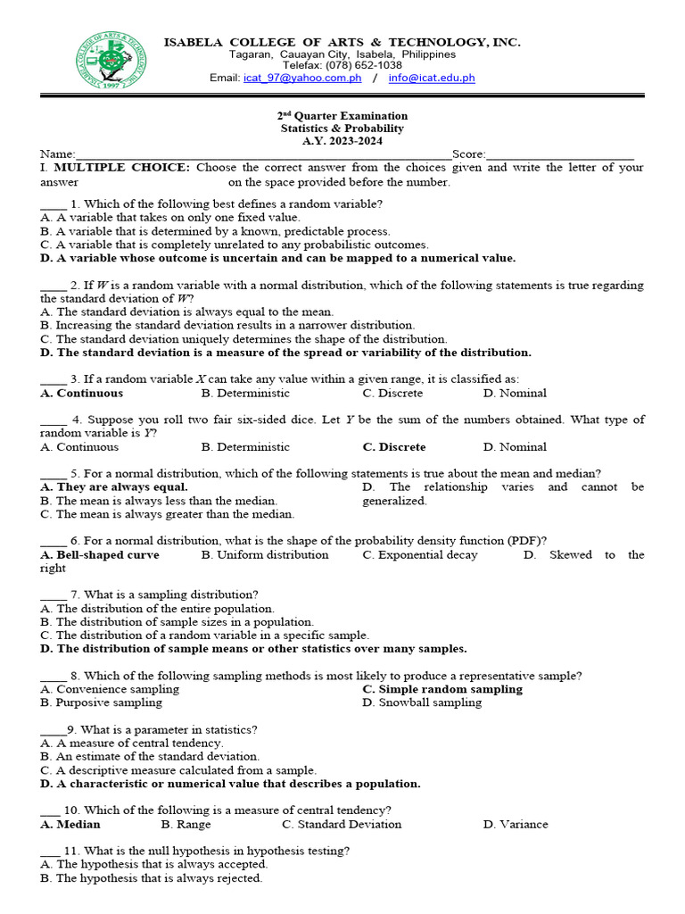 2nd quarter stat and prob | PDF | Probability Distribution | Sampling ...