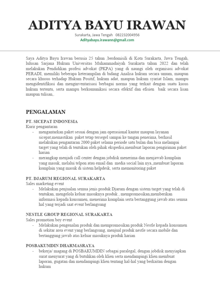 Daftar Riwayat Hidup Aditya Bayu Irawan | PDF | Karier & Perkembangan