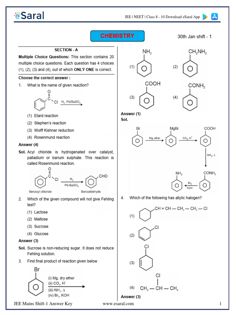 CHEMISTRY JEE Main 2024 Question Papers With Answer Key PDF | PDF | Chemical Substances ...