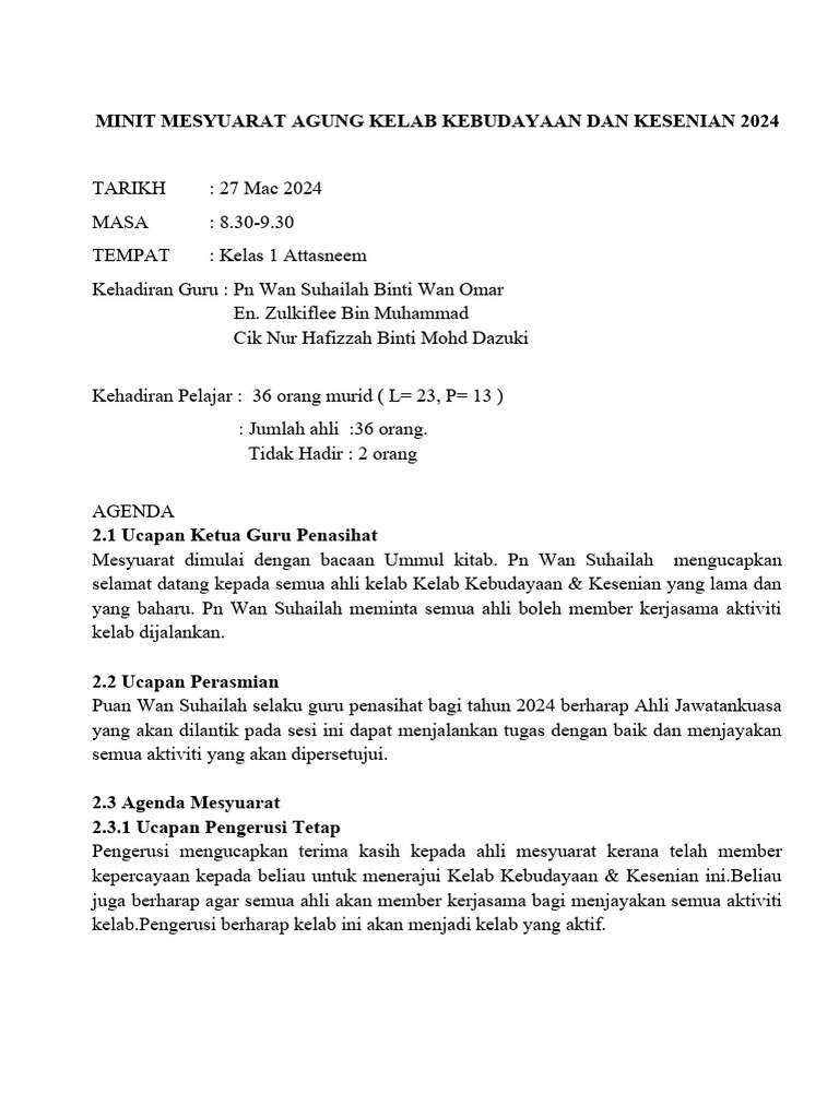 Minit Mesyuarat Agung Kelab Kebudayaan 2024 | PDF