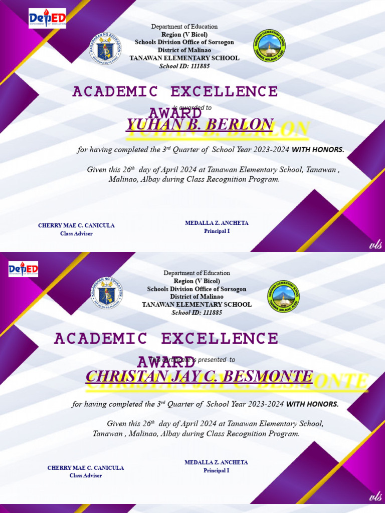 Tanawan Elementary Academic Awards 2024 | PDF