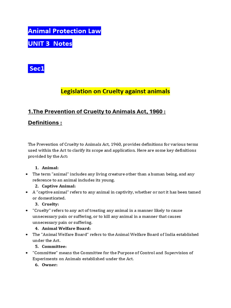 Animal Law_unit 3_Sec1 Notes | PDF | Animal Welfare | Cruelty To Animals