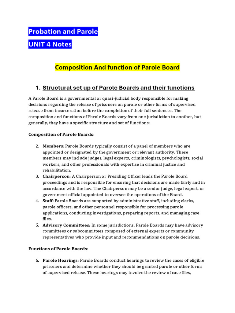 Probation and Parole Unit 4 Notes | PDF | Parole | Parole Board