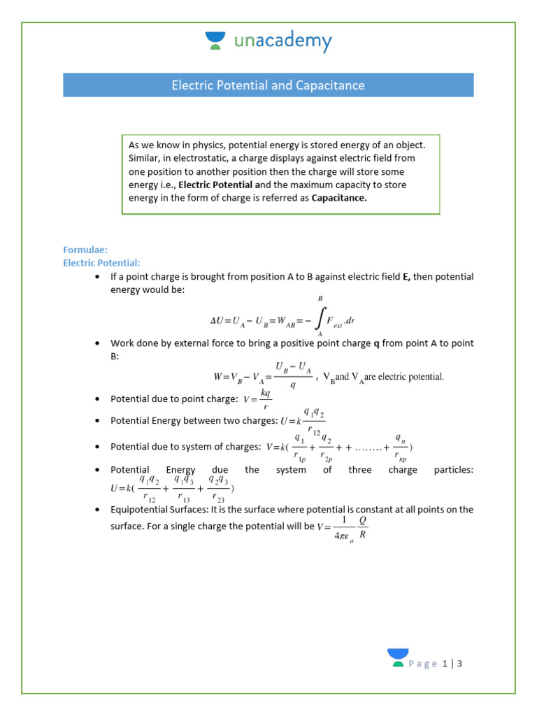 Formula Sheet Electric Potential and Capacitance First Edit | Download ...