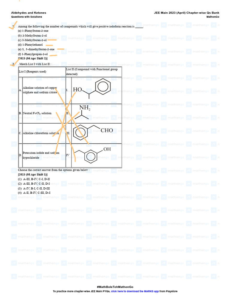 Aldehydes and Ketones - JEE Main 2023 April Chapterwise PYQ - MathonGo | PDF | Amine | Aldehyde