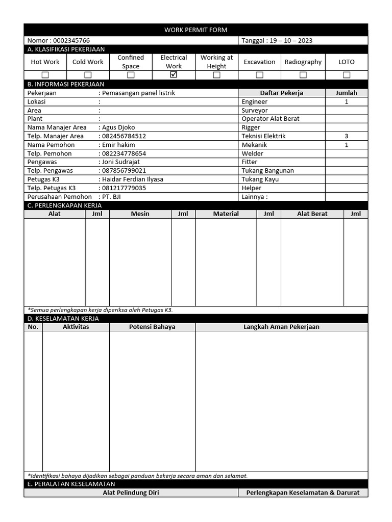Contoh Formulir Izin Kerja K3 | PDF
