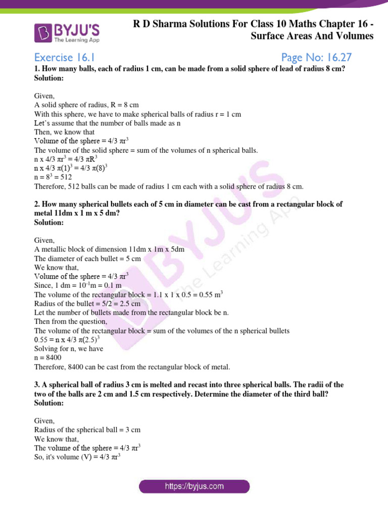 Class 10 Surface Area and Volume Solutions | PDF | Sphere | Volume