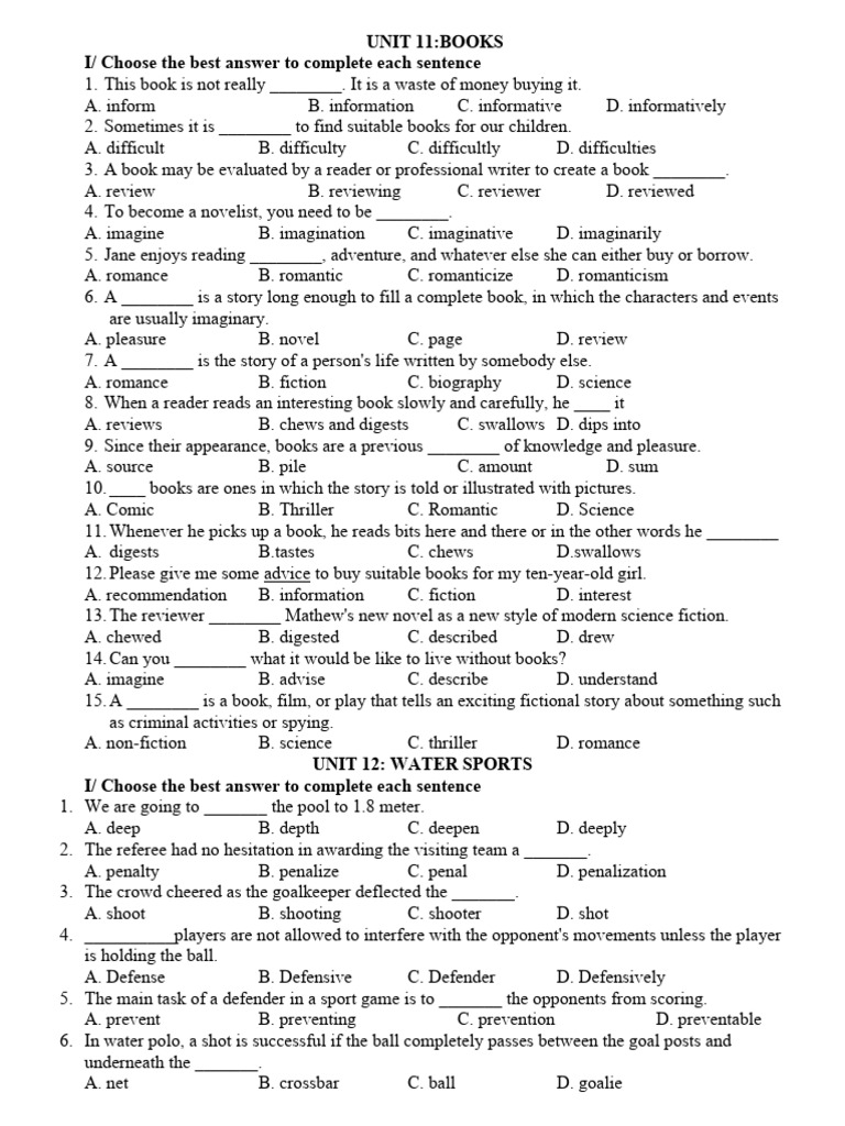 Unit 11:books I/ Choose The Best Answer To Complete Each Sentence | PDF