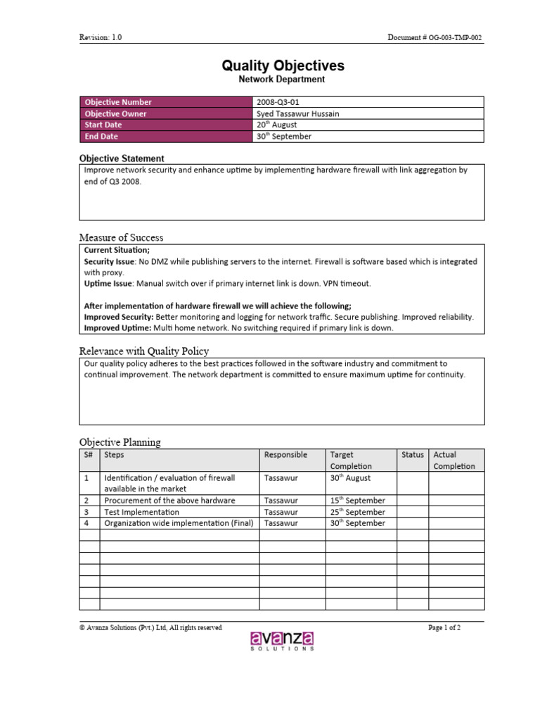 Quality Objectives - Network Department | PDF | Cyberspace | Computing