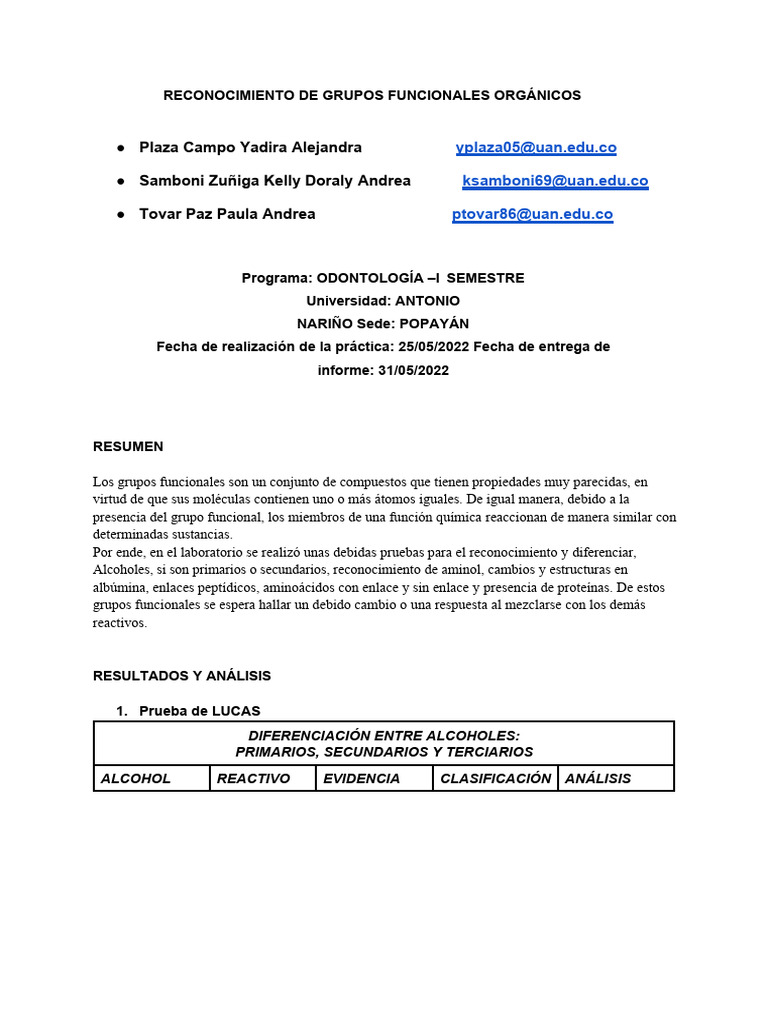 Pruebas de Grupos Funcionales en Química | PDF | Proteínas | Reacciones químicas