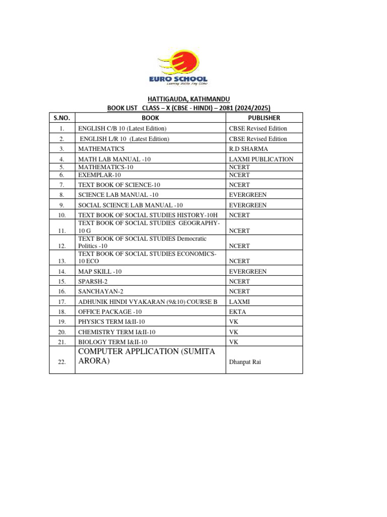 Euro School Book List Class 10 (CBSE) - Hindi 2024-2025 | PDF