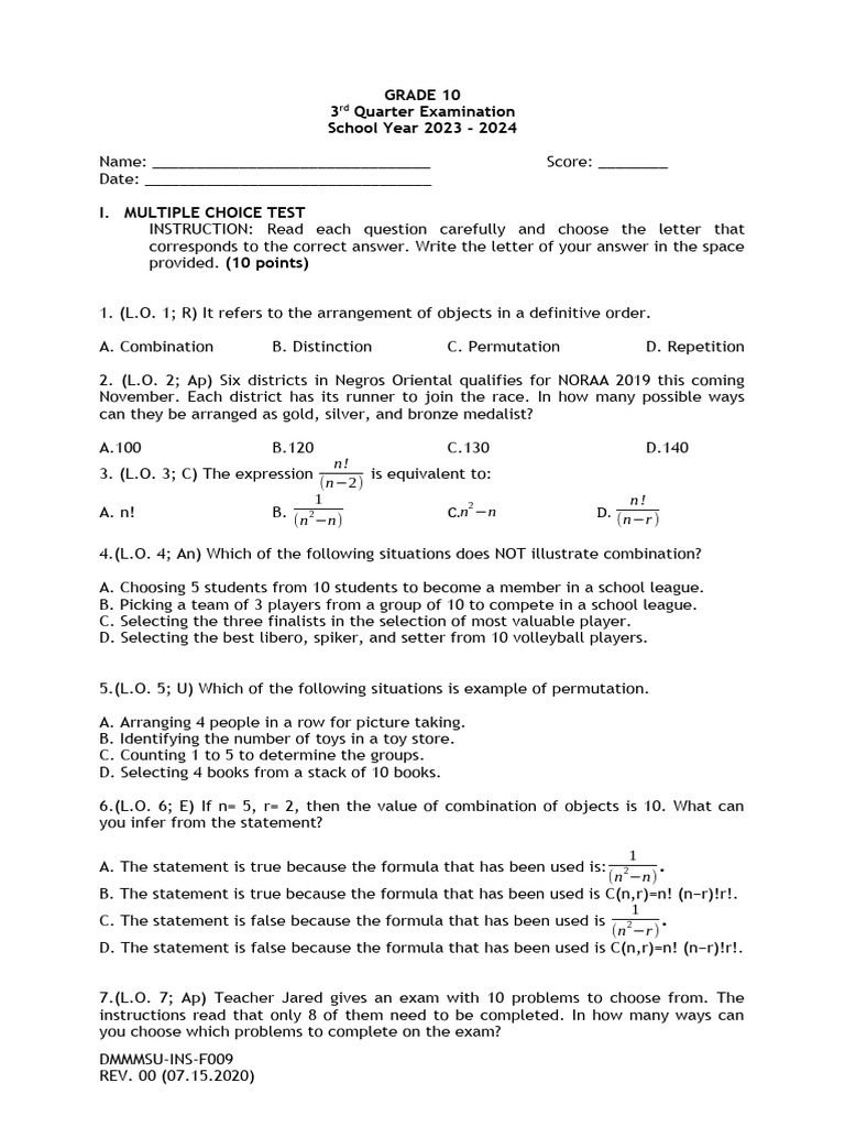 Grade 10 3rd Quarter Exam 2023-2024 | PDF | Volleyball | Permutation