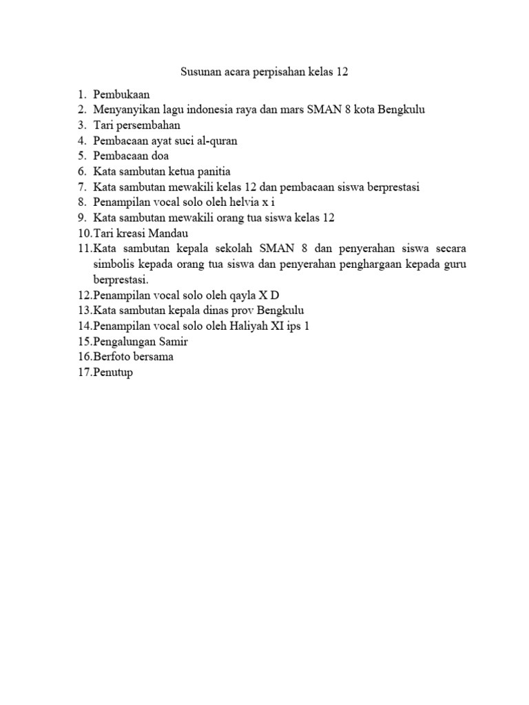 Susunan Acara Perpisahan Kelas 12 | PDF