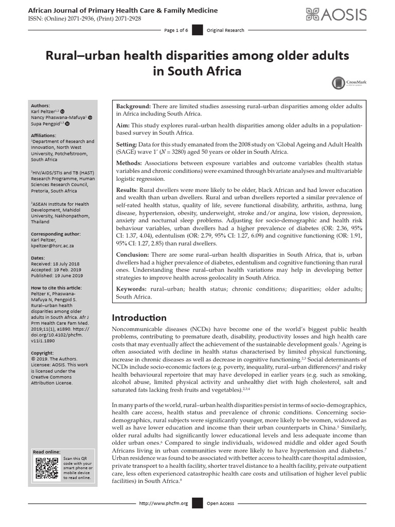Rural-urban health disparities among older adults in South Africa | PDF ...