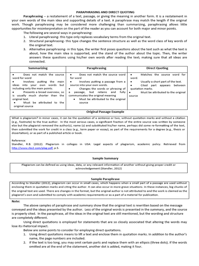 Paraphrasing vs. Direct Quoting Guide | PDF | Plagiarism | Citation