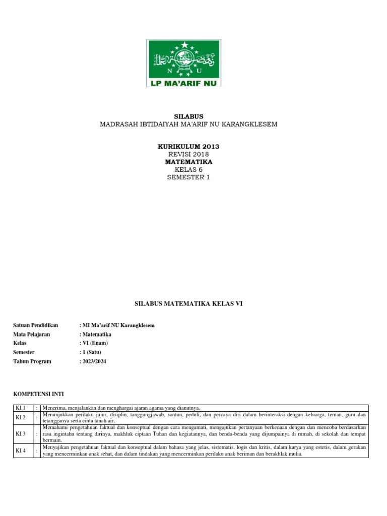 Silabus Matematika Kelas 6 Semester 1 | PDF