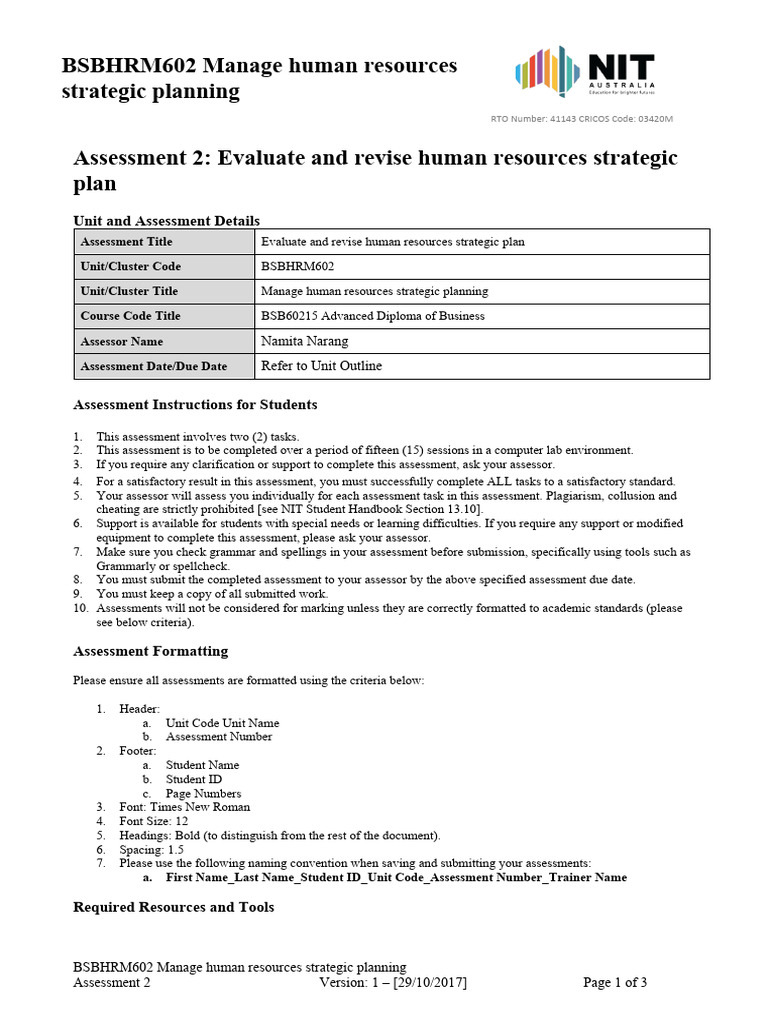 BSBHRM601 - Assessment 2 - Evaluate and Revise Human Resource Strategic Plan | Download Free PDF ...